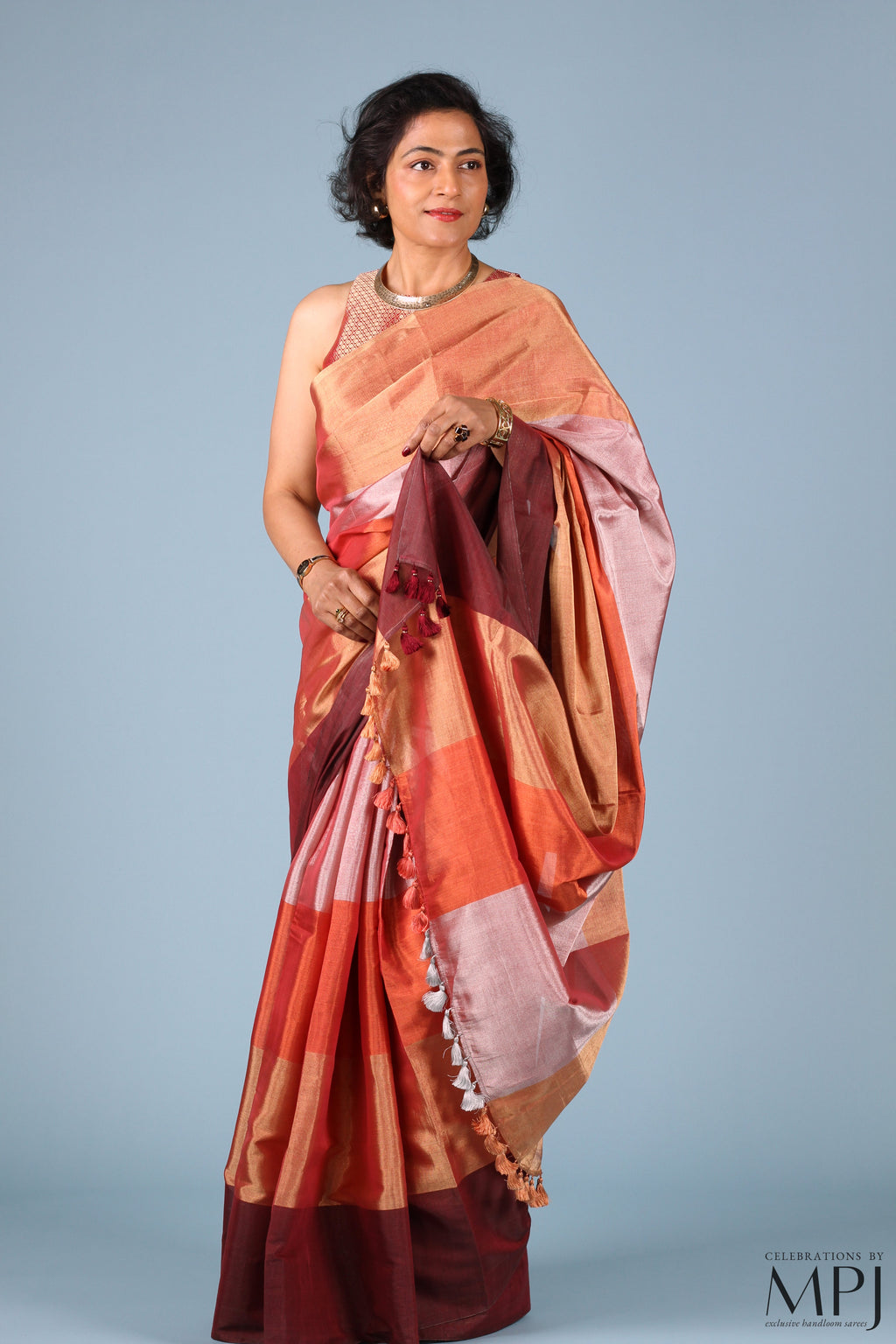 Orange Color Block Tissue Silk Chanderi – Celebrations by MPJ